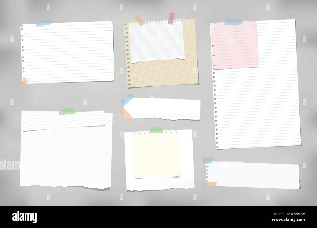 Torn ruled, blank, squared note, notebook, copybook paper strips ...