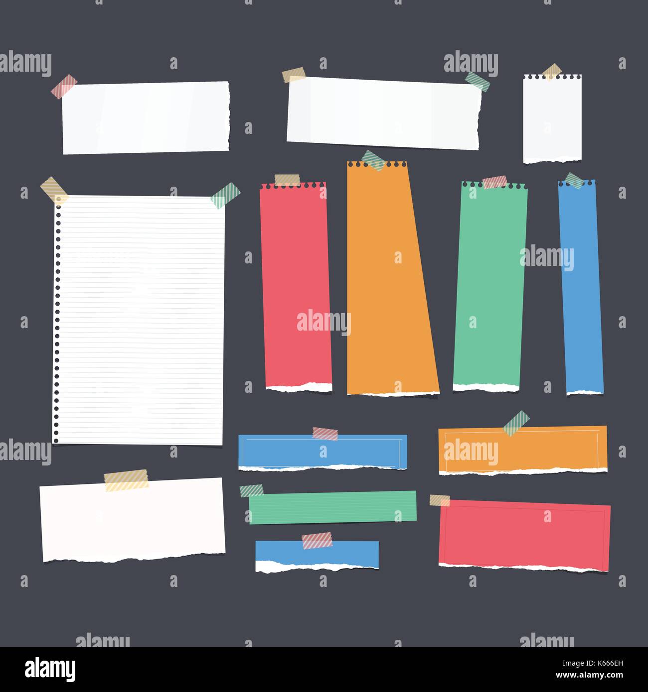 Ripped white and colorful ruled note, notebook, copybook paper strips ...