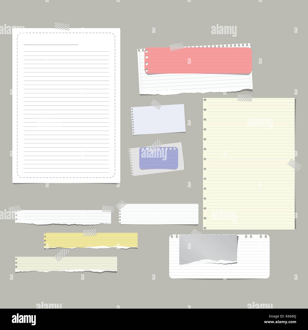 Torn ruled, note, notebook, copybook paper strips, sheets stuck with ...