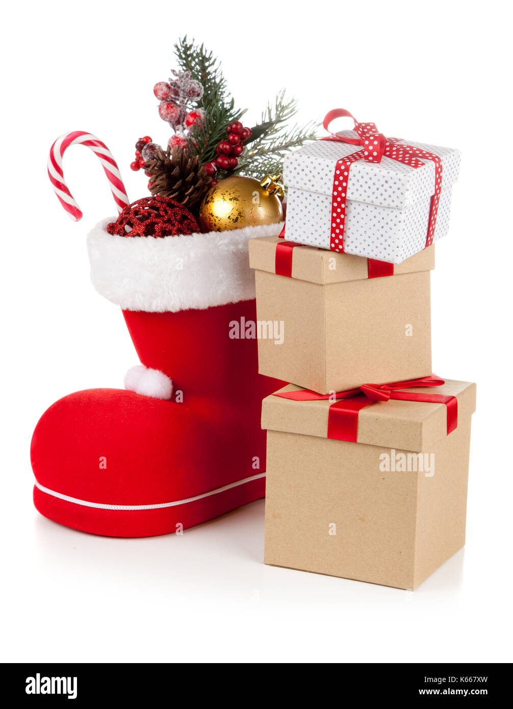 Santa's shoe on white background Stock Photo - Alamy