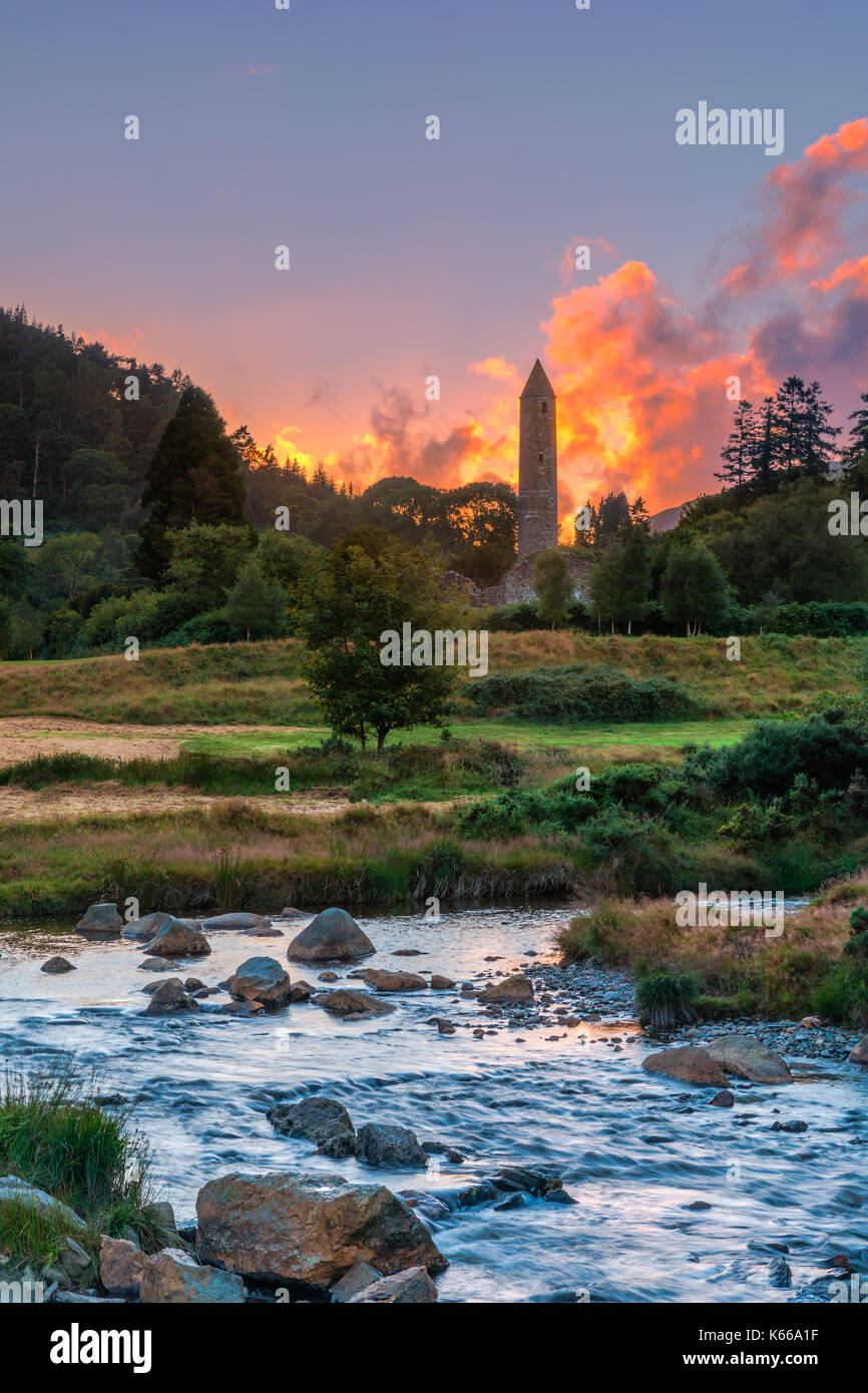The round tower at Glendalough in County Wicklow, Ireland, renowned for ...