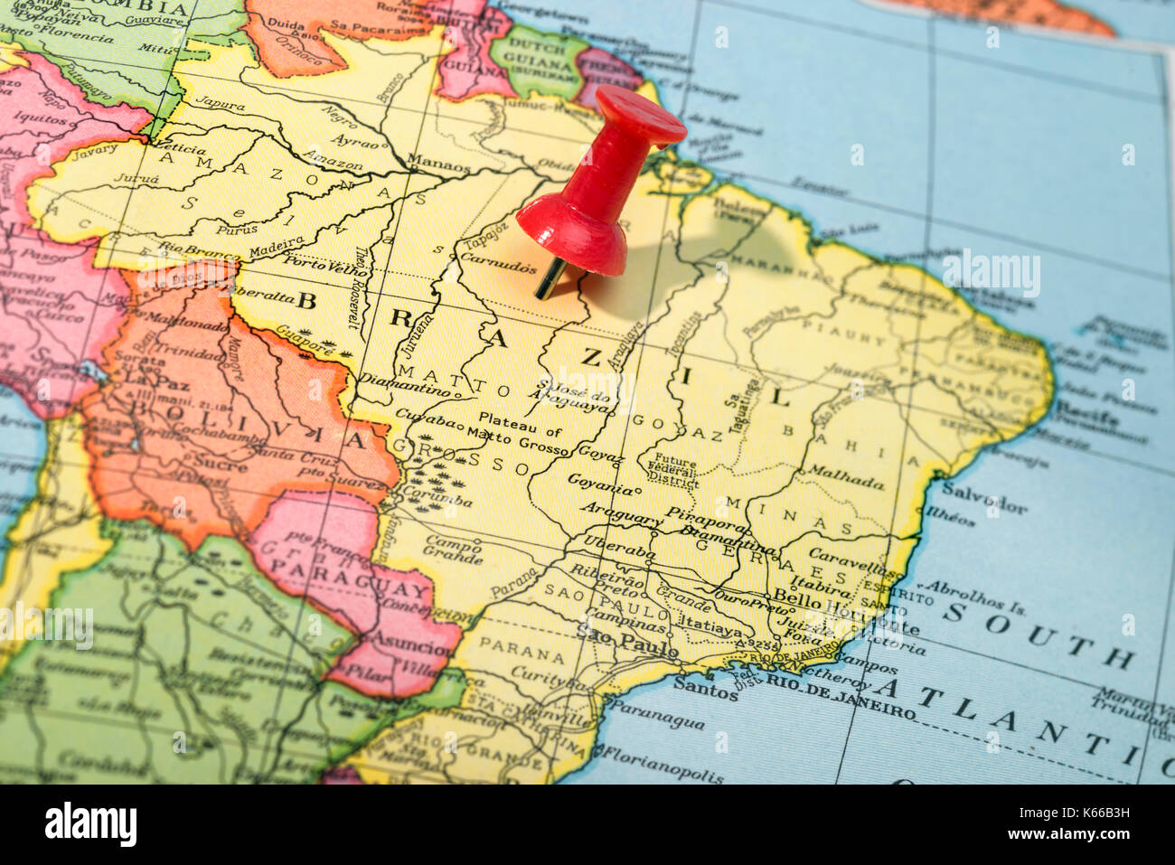 Vintage style map showing Brazil with push pin Stock Photo - Alamy