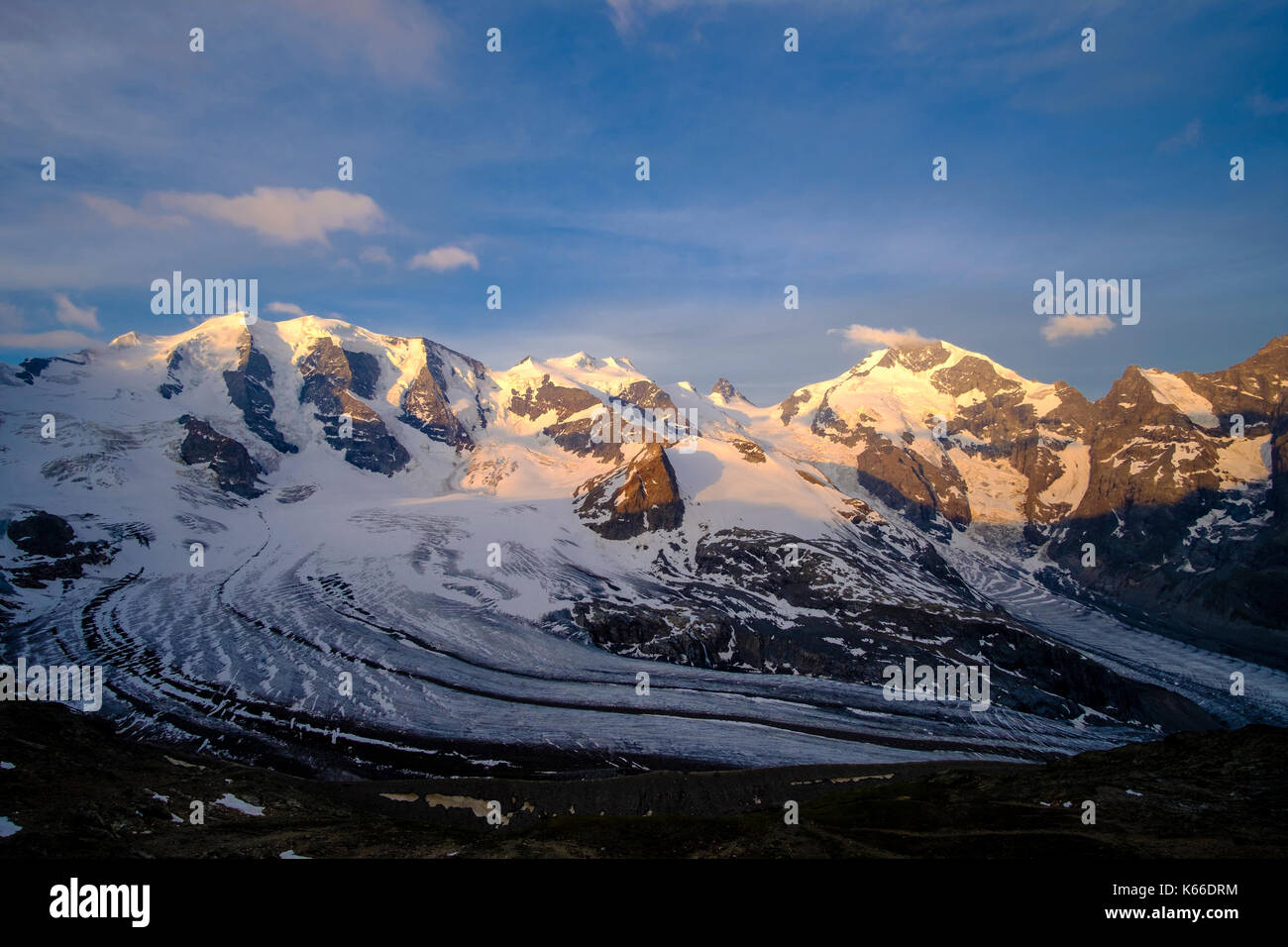 Aerial view on the snow covered mountains Piz Palü, Piz Bernina and Piz ...