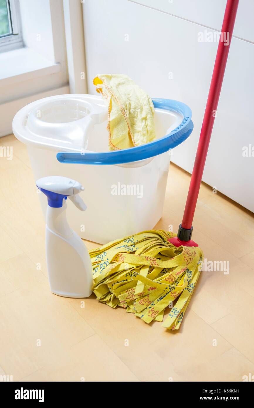 Cleaning product, duster, bucket and mop Stock Photo - Alamy