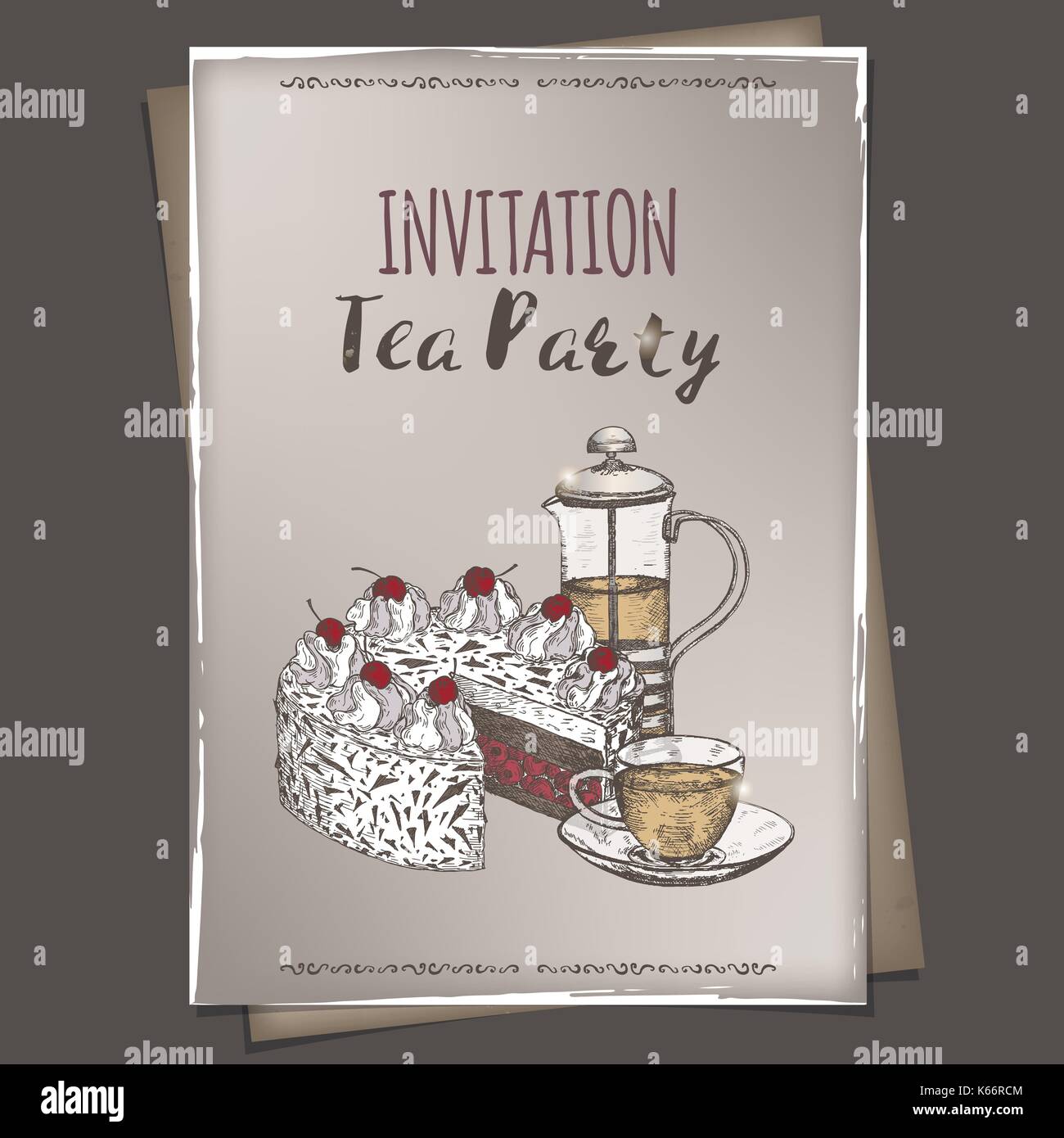 A4 format tea party invitation with color tea press, cup and cake ...