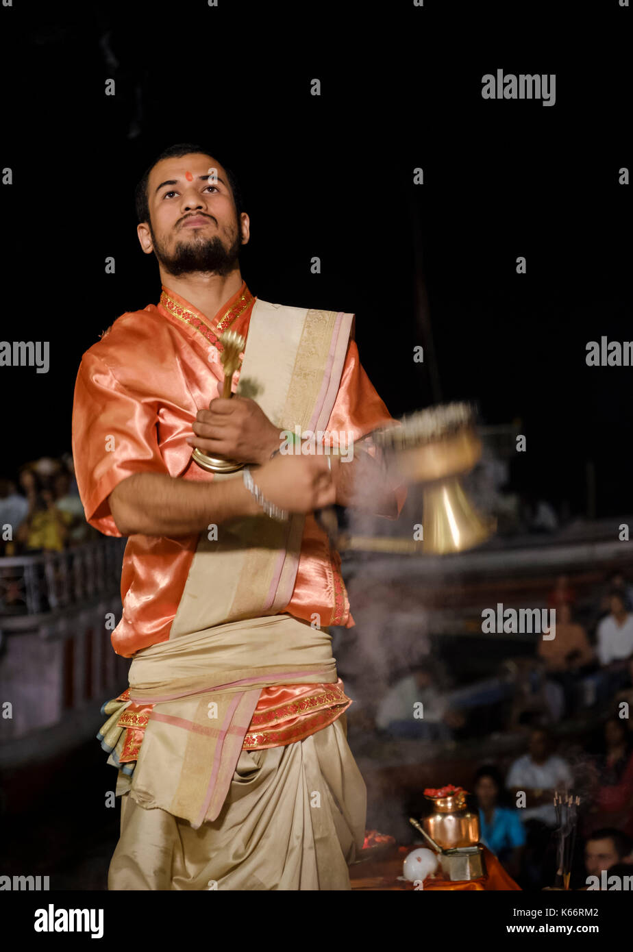VARANASI, INDIA - CIRCA NOVEMBER 2016: Young pandit performing the ...