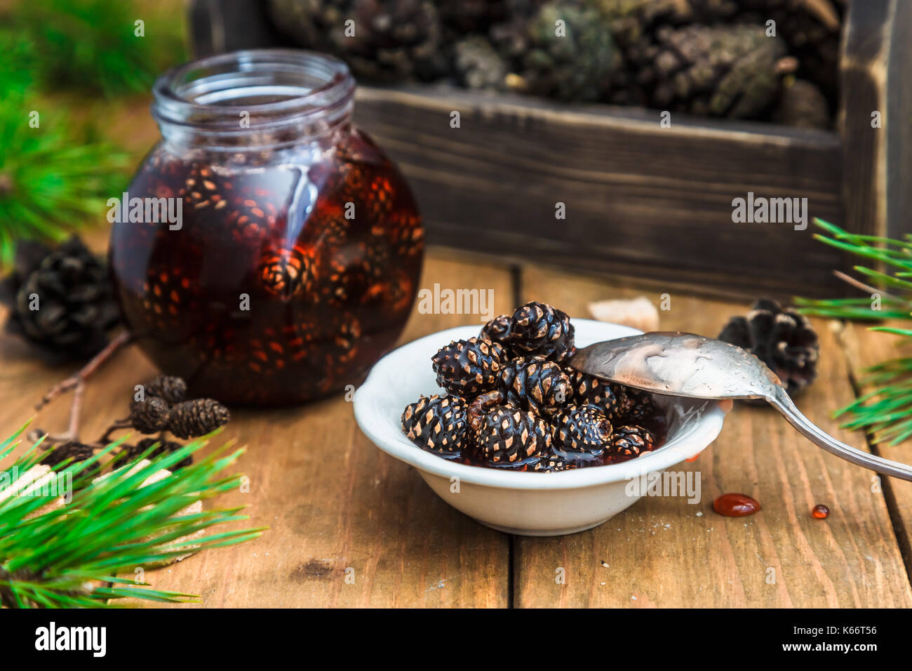 Traditional Siberian sweets: young pine cones jam Stock Photo - Alamy