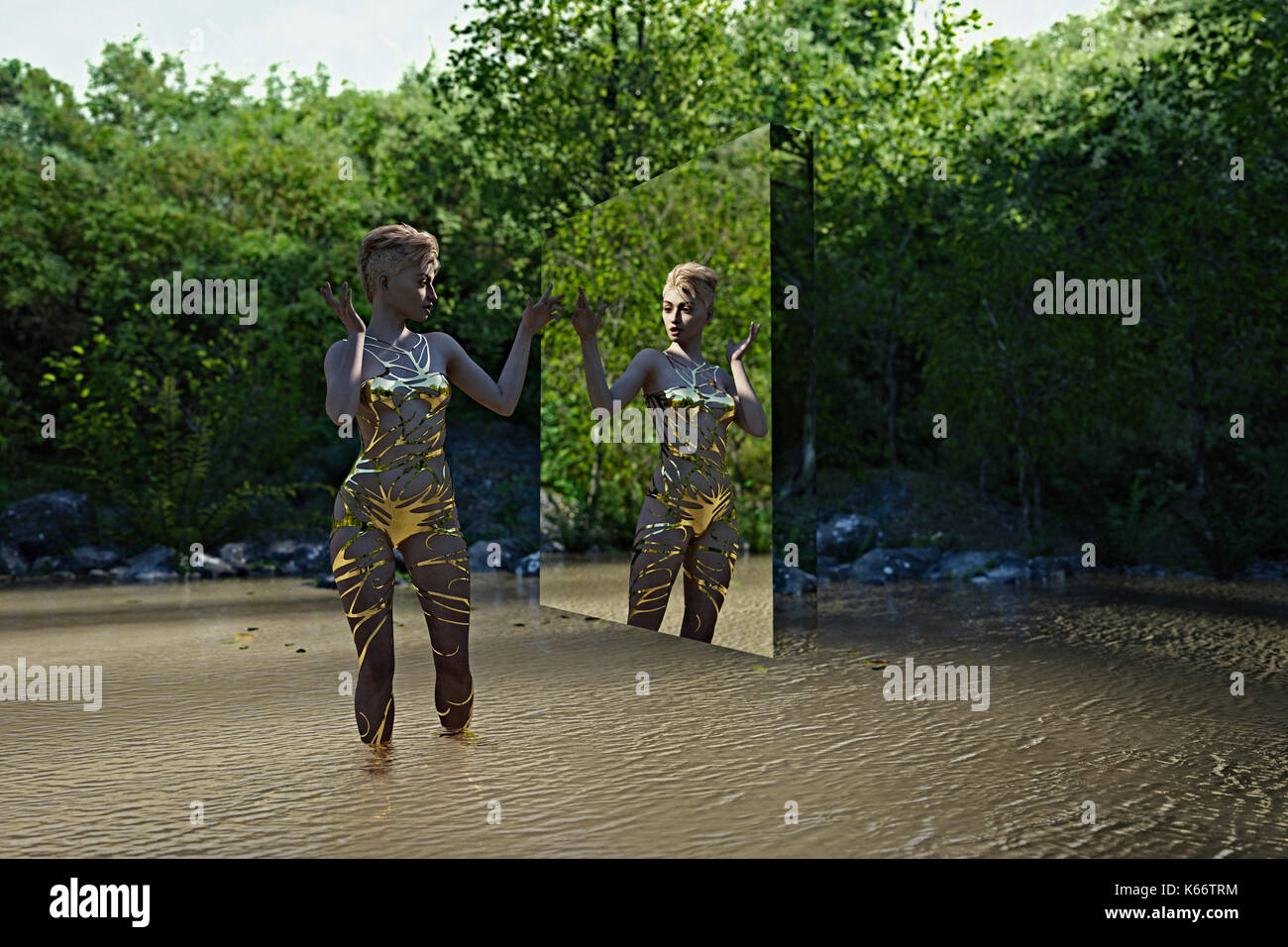 Reflection of woman in virtual mirror standing in river Stock Photo - Alamy