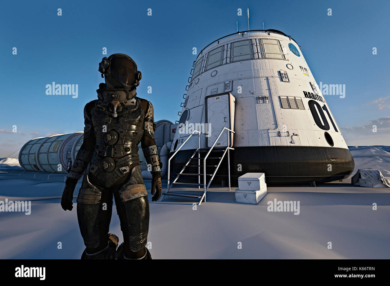 Explorer wearing space suit near spaceship Stock Photo - Alamy