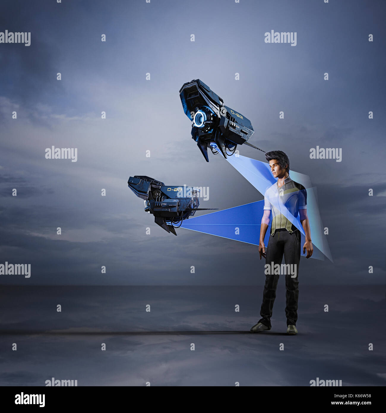 Hovering drones scanning man Stock Photo - Alamy