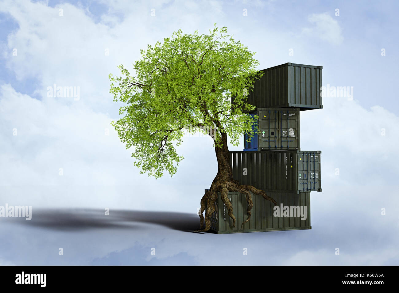 Tree growing roots on stack of cargo containers Stock Photo - Alamy