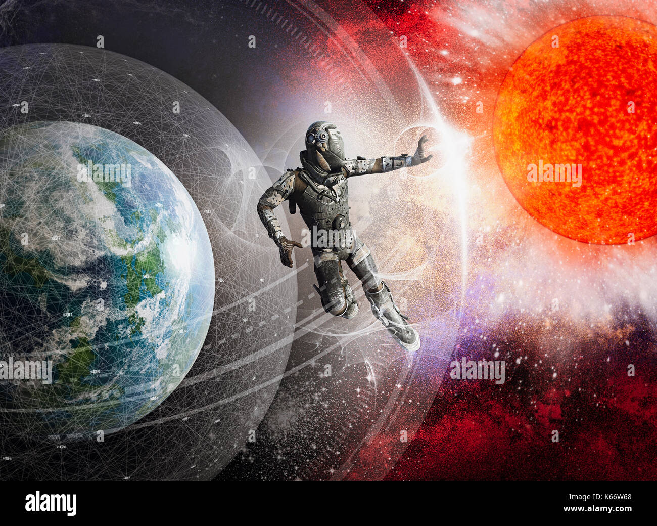 Soldier floating in force field in outer space Stock Photo - Alamy