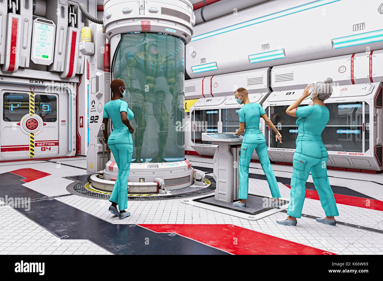 Futuristic women examining alien in laboratory Stock Photo - Alamy