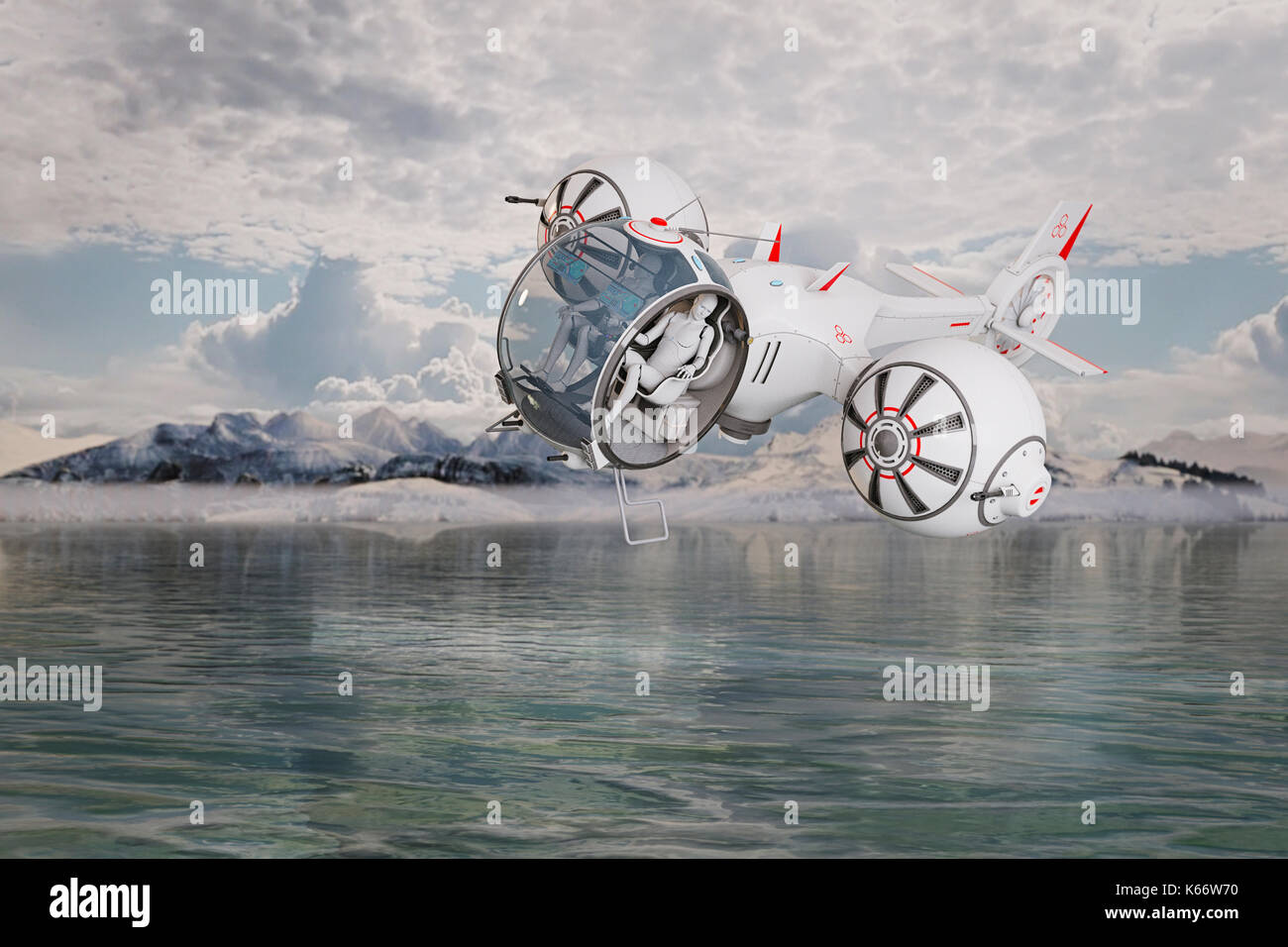 Futuristic airplane hovering over ocean Stock Photo - Alamy