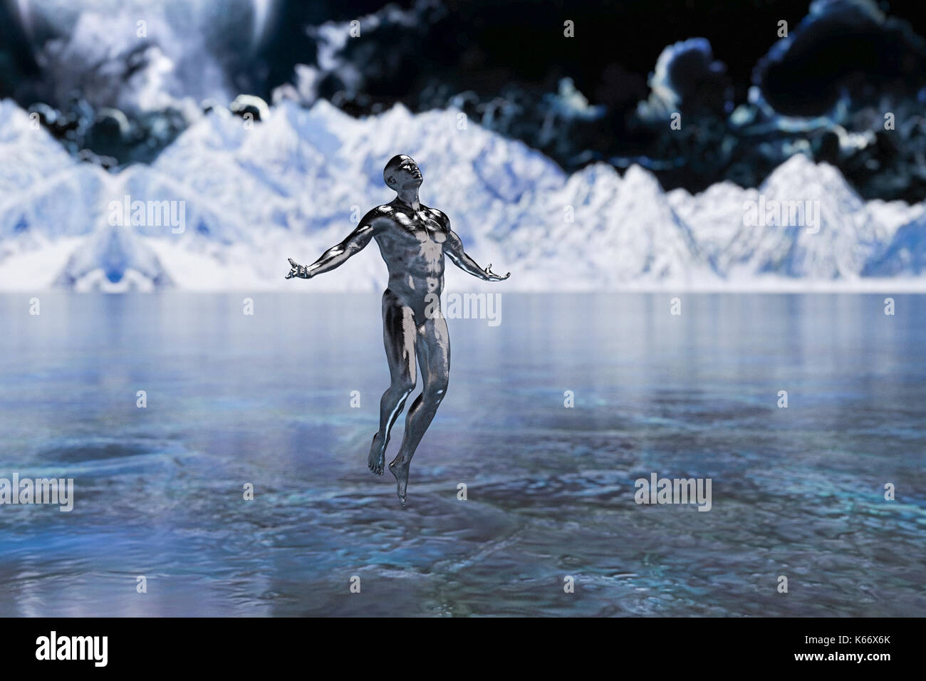 Transparent futuristic man floating over water Stock Photo - Alamy