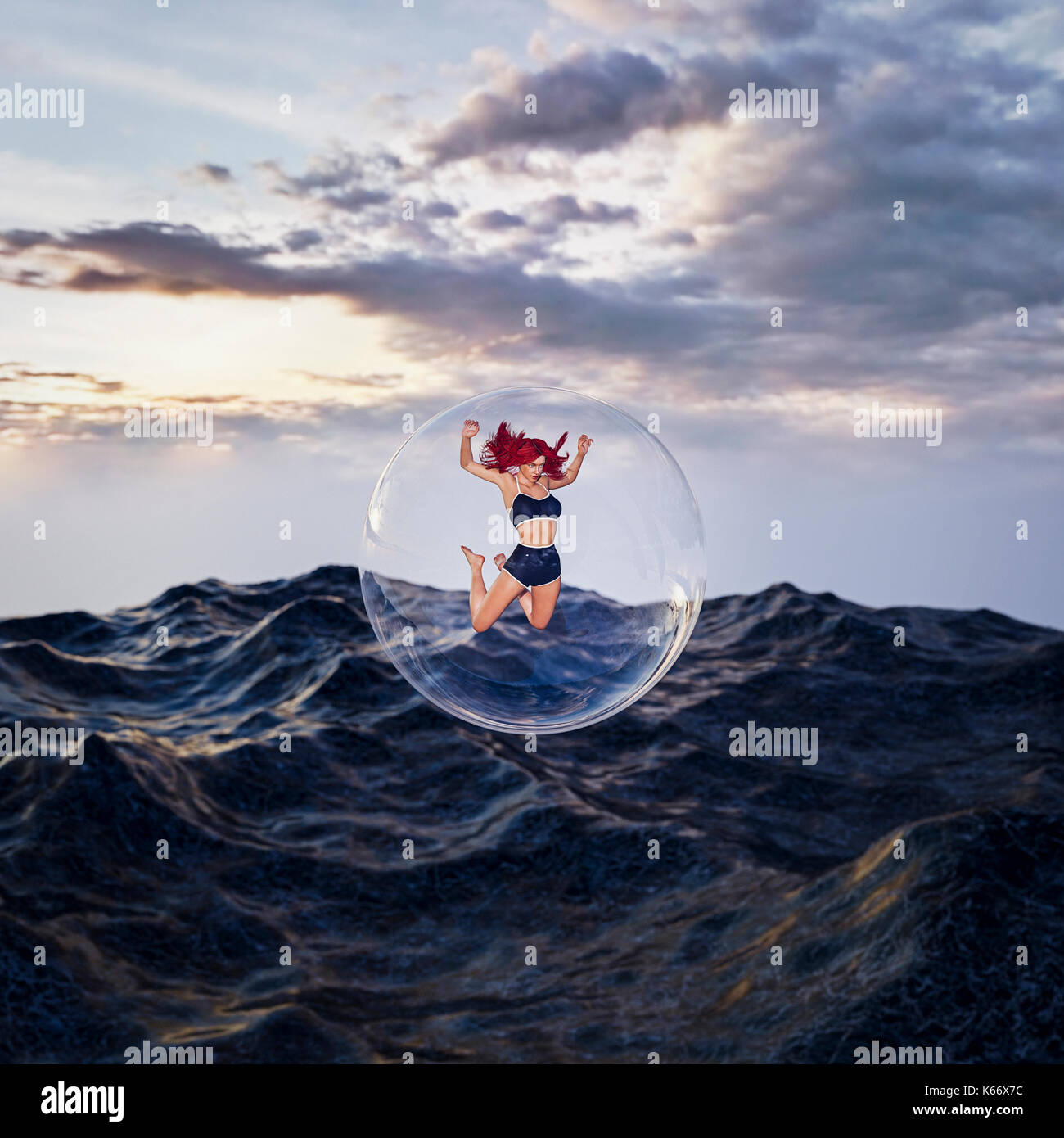 Woman floating in bubble over stormy ocean Stock Photo - Alamy
