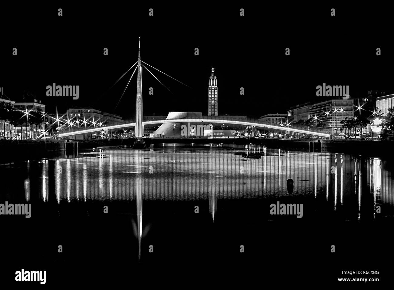 Bassin Du Commerce Bridge At Night In Le Havre, France (Black & White ...