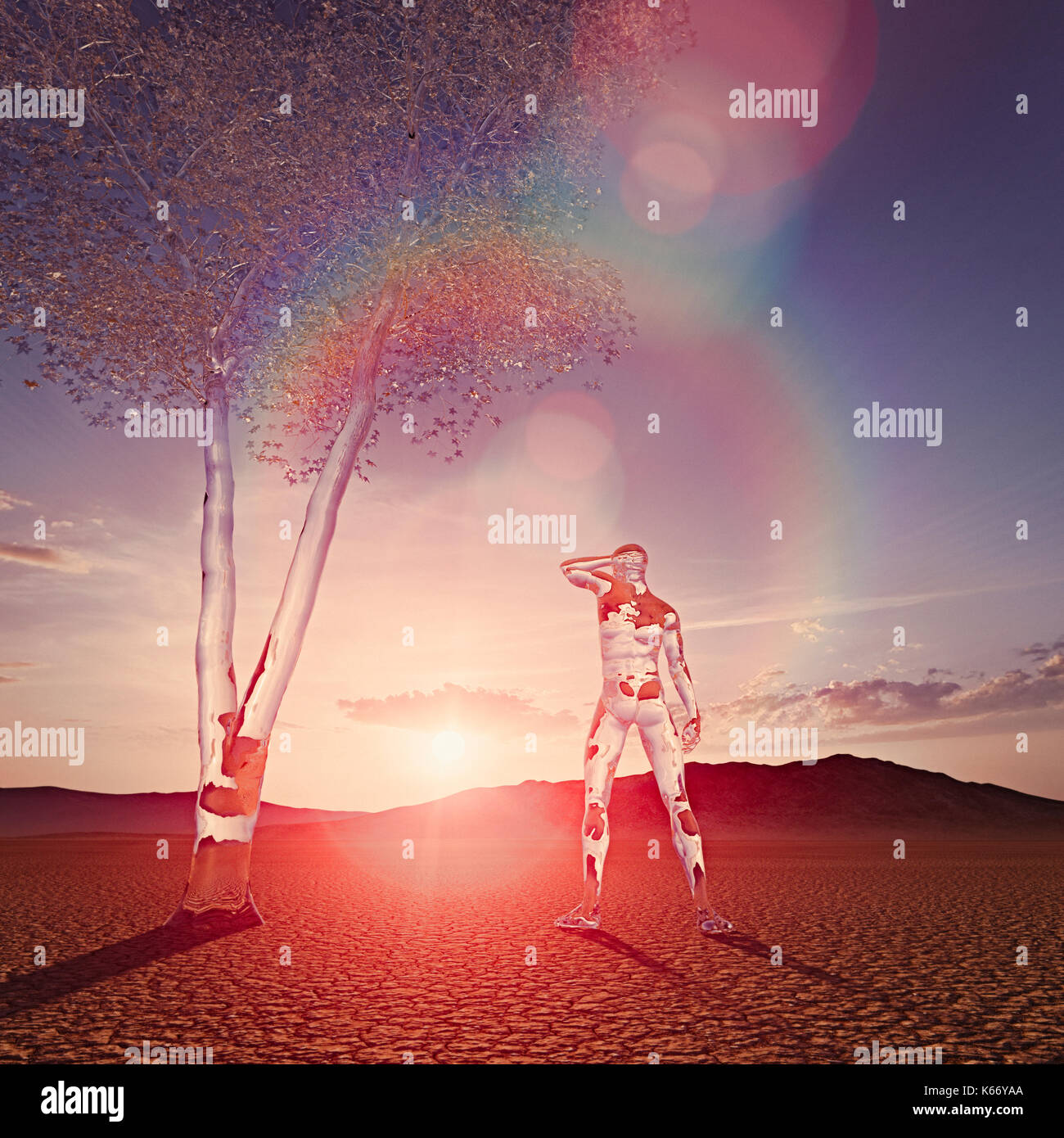 Transparent man and tree in desert Stock Photo - Alamy