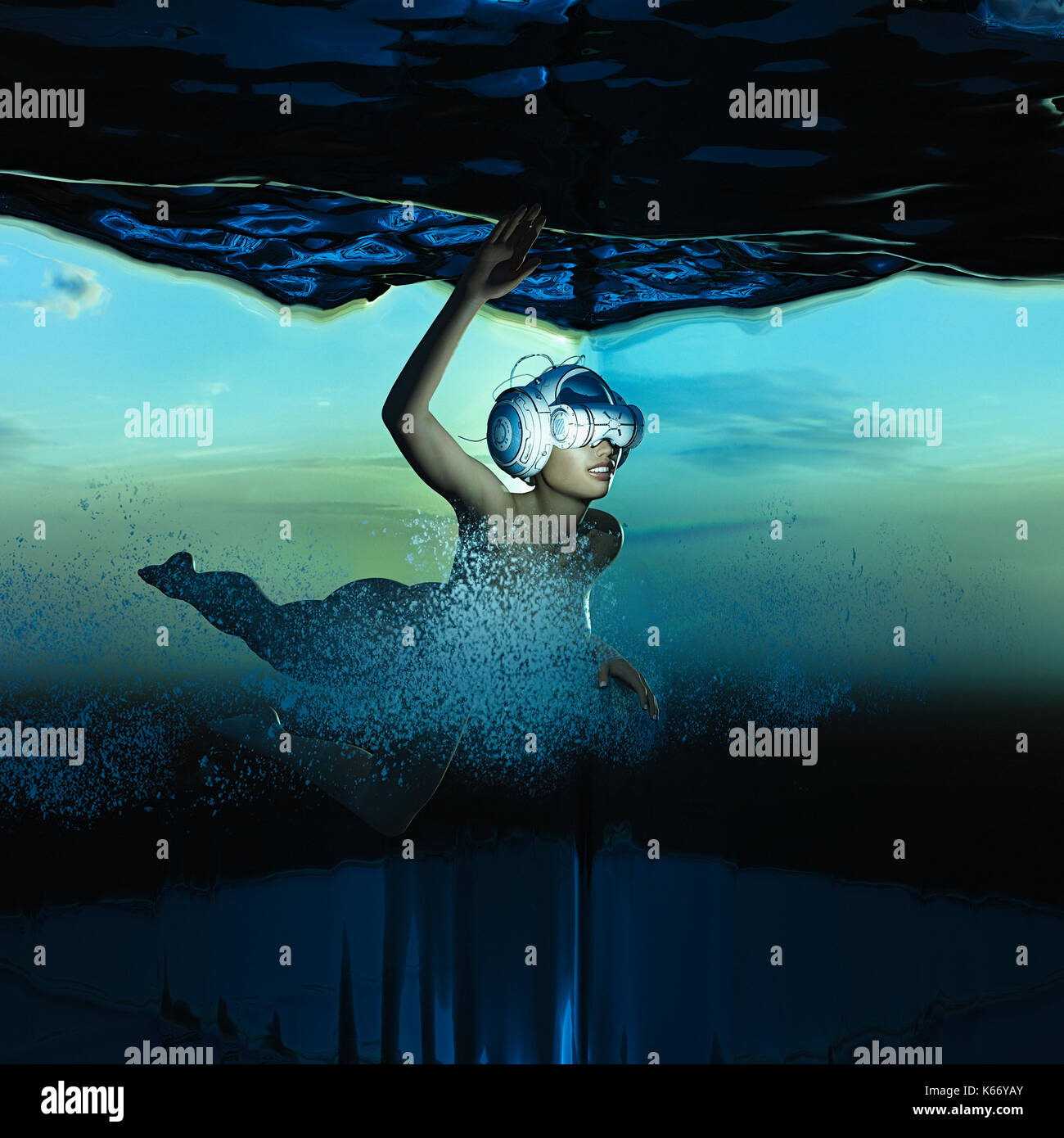 Woman swimming underwater wearing virtual reality helmet Stock Photo ...