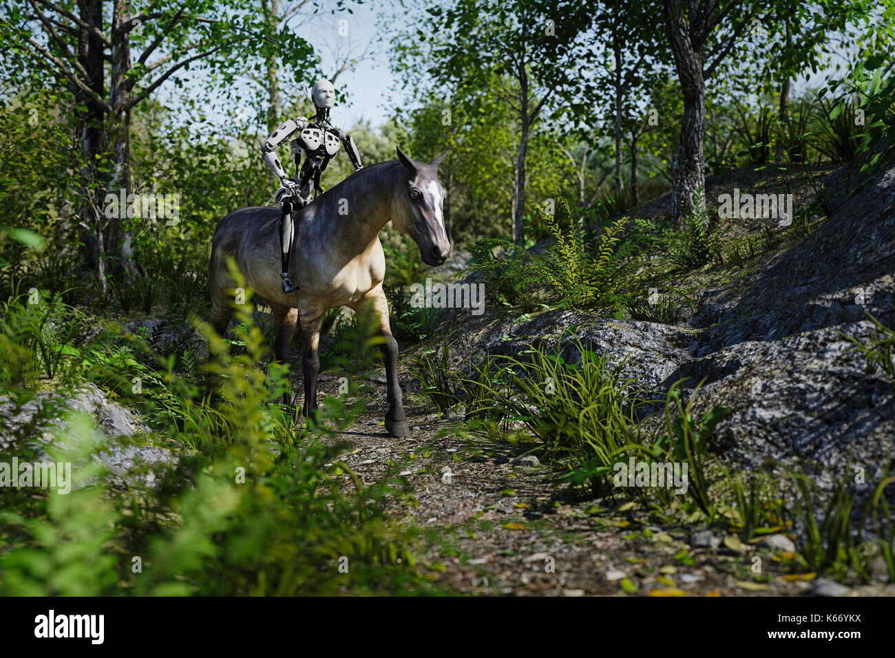 Robot riding horse in the woods Stock Photo - Alamy