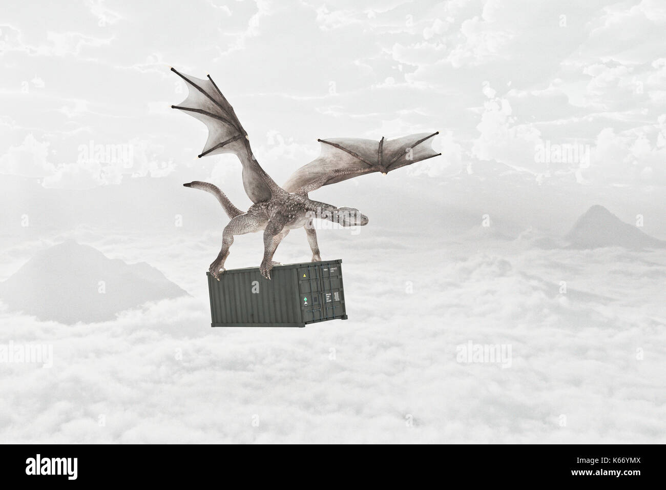 Flying dragon carrying cargo container in clouds Stock Photo - Alamy