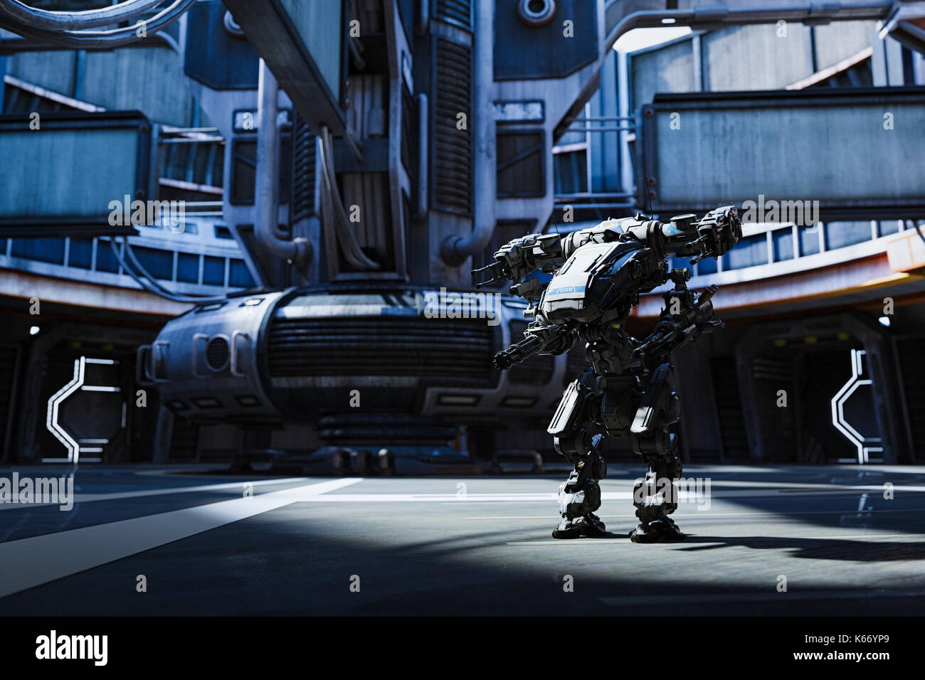 Robot with guns in futuristic city Stock Photo - Alamy