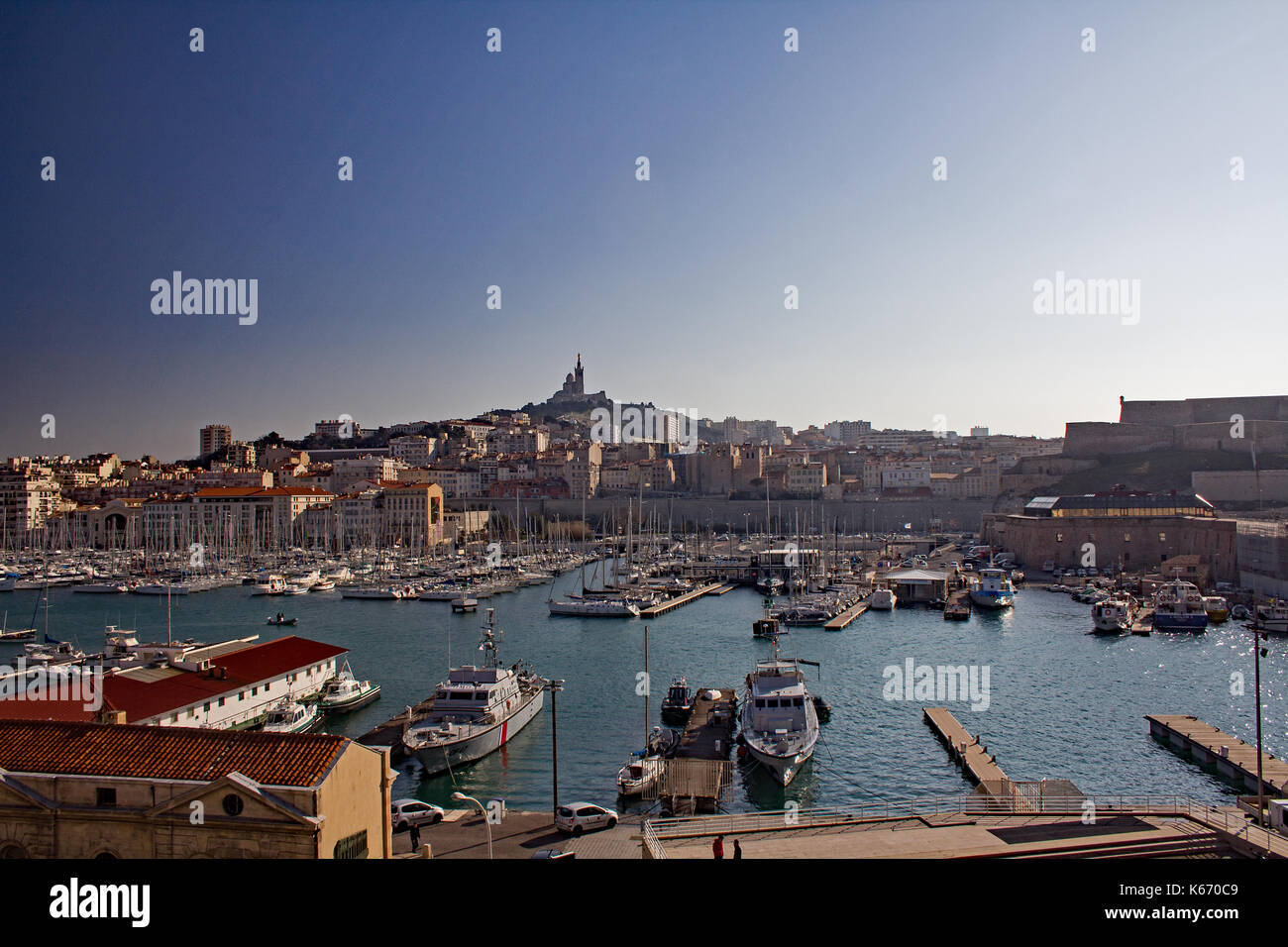 Old Port in Marseille, France. Lined in boats and white buildings Stock ...