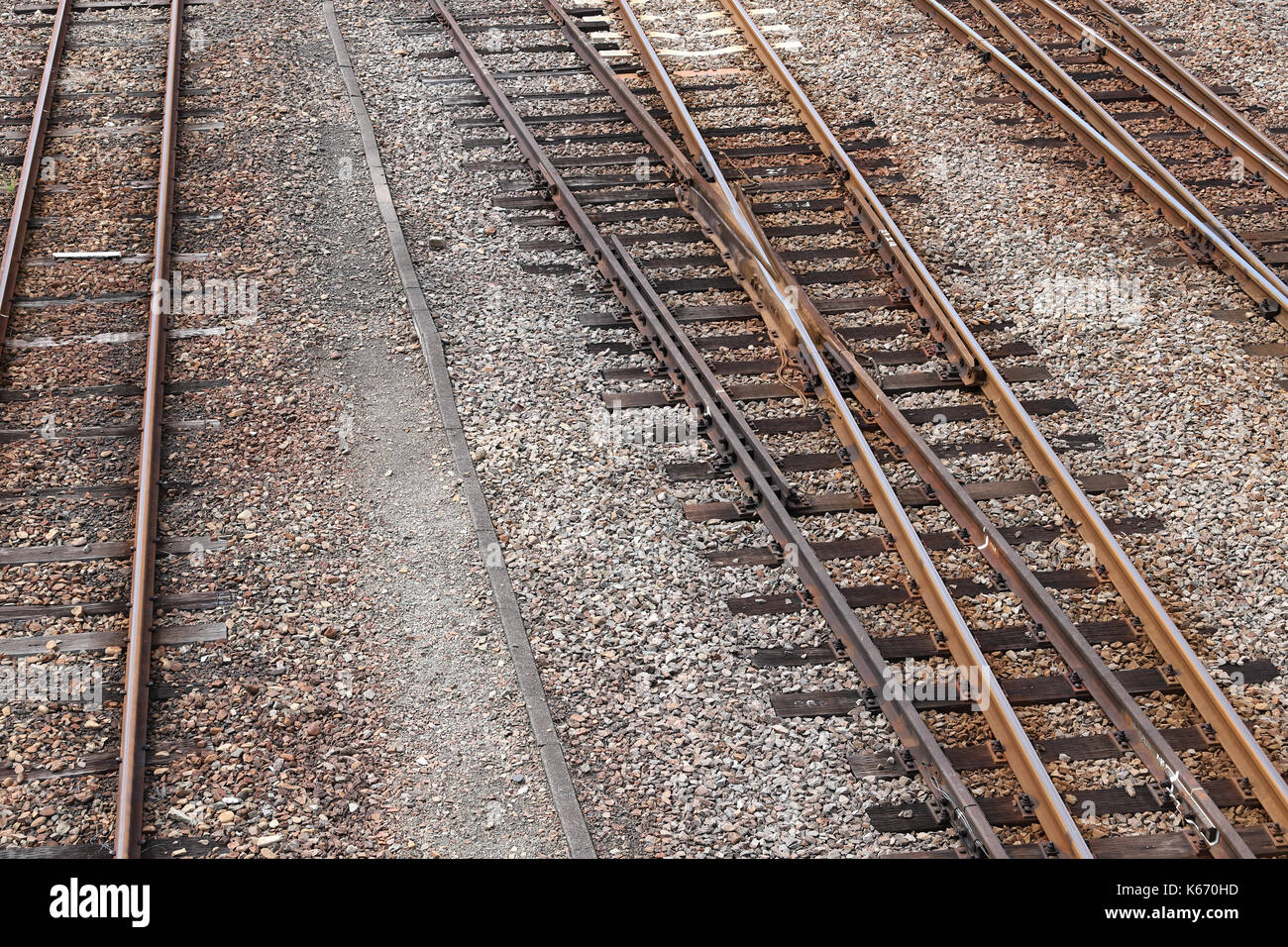 Track of rails with old timber sleepers, top view Stock Photo - Alamy