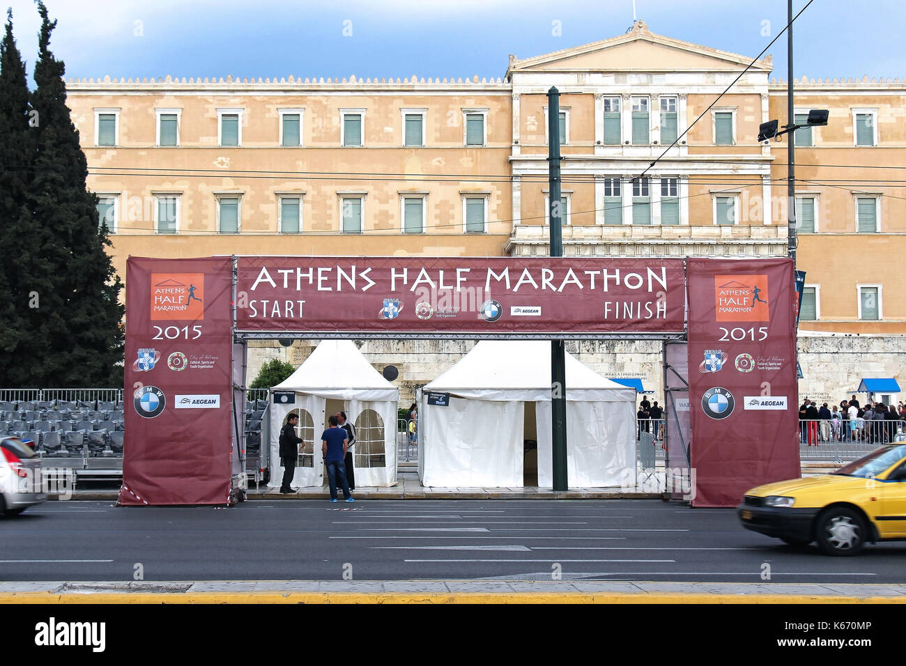 ATHENS, GREECE - May 02; Athens Half Marathon start and finish gate in ...