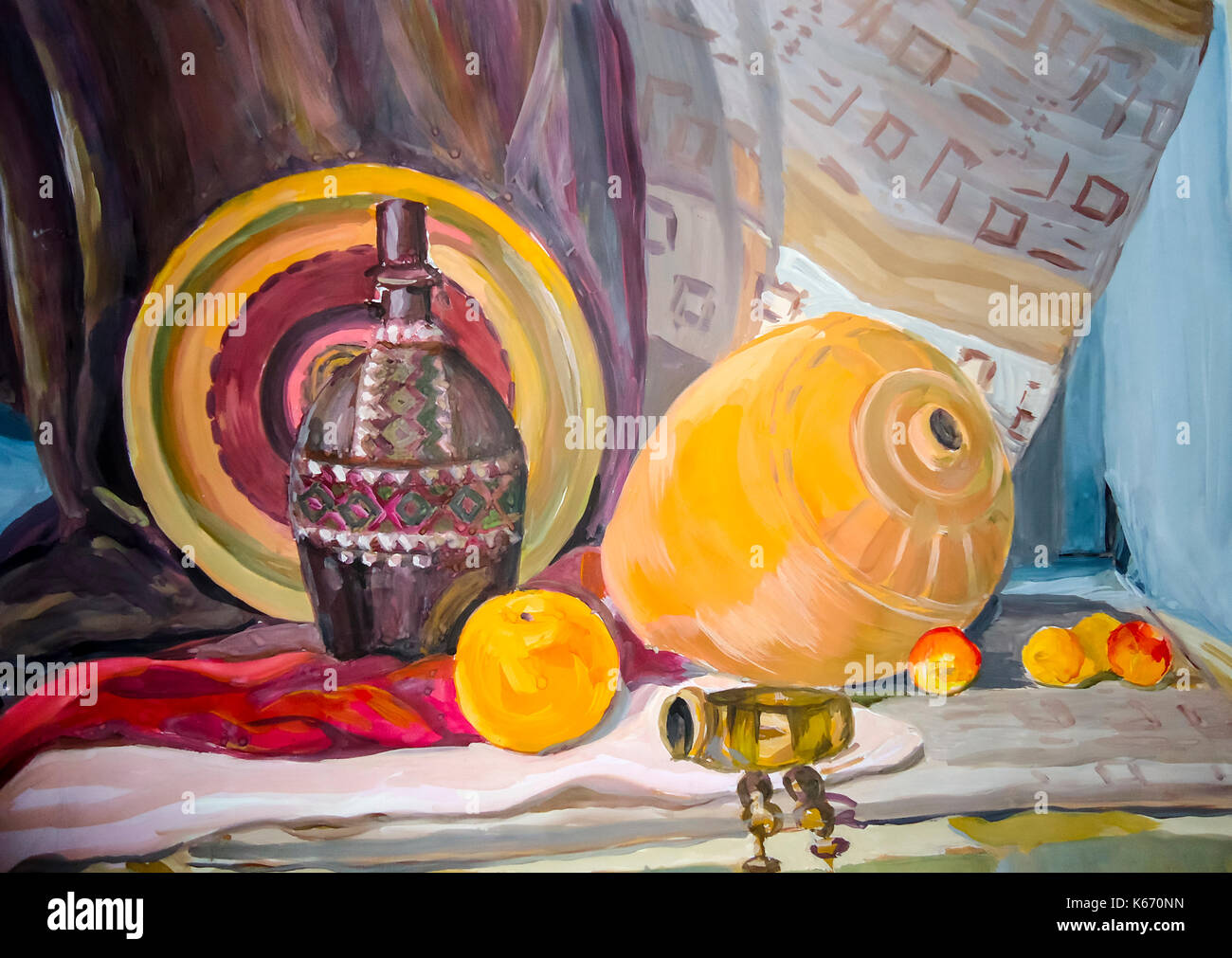 Still life. A painting depicting a still life, a vase, dishes, a ...