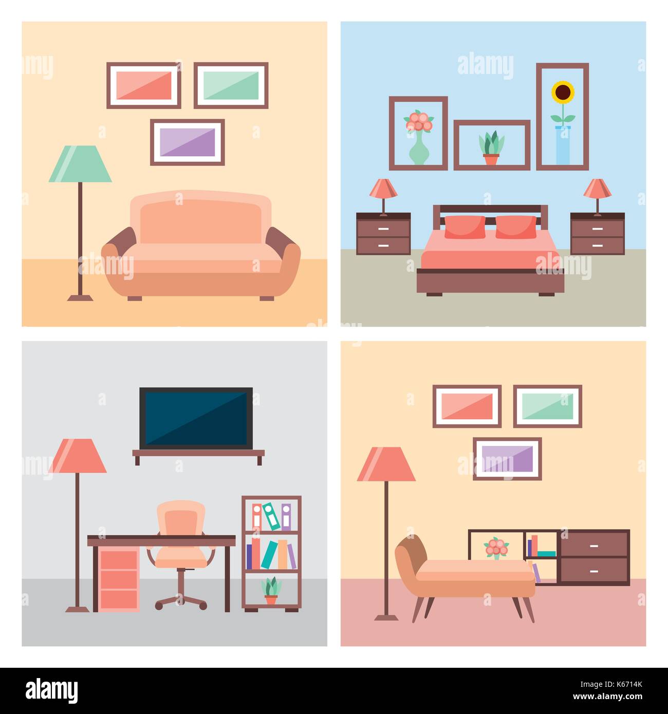 set of interior house room with furniture icons living bedroom Stock ...