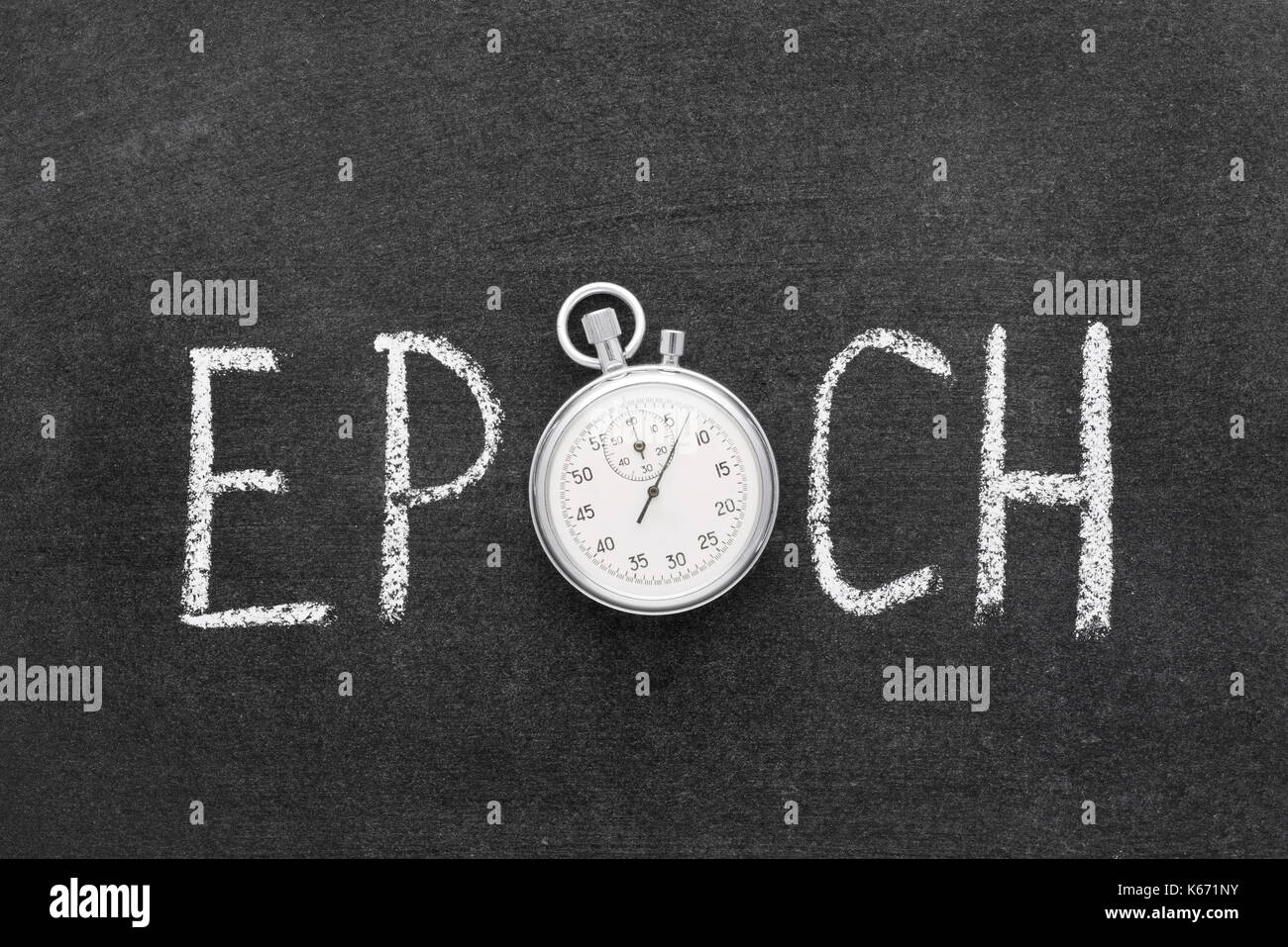 epoch word handwritten on chalkboard with vintage precise stopwatch ...