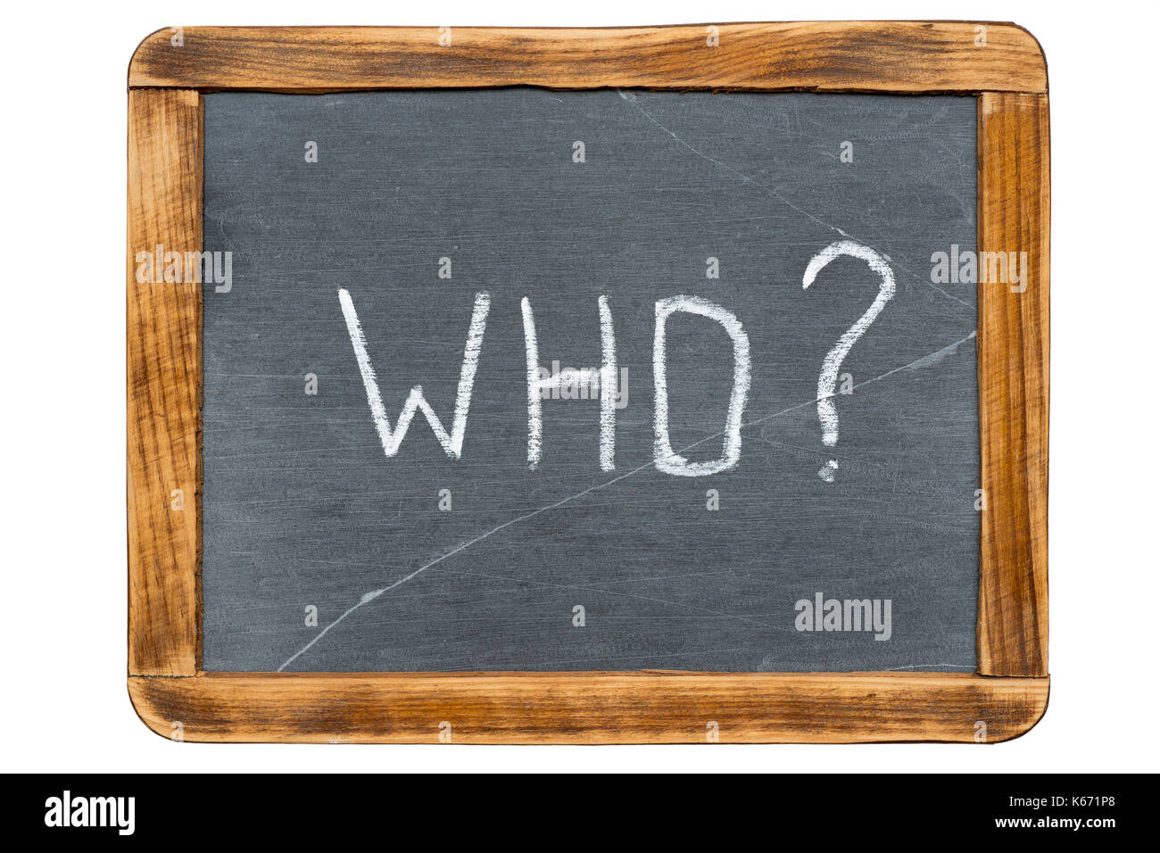 who question handwritten on vintage slate chalkboard isolated on white ...