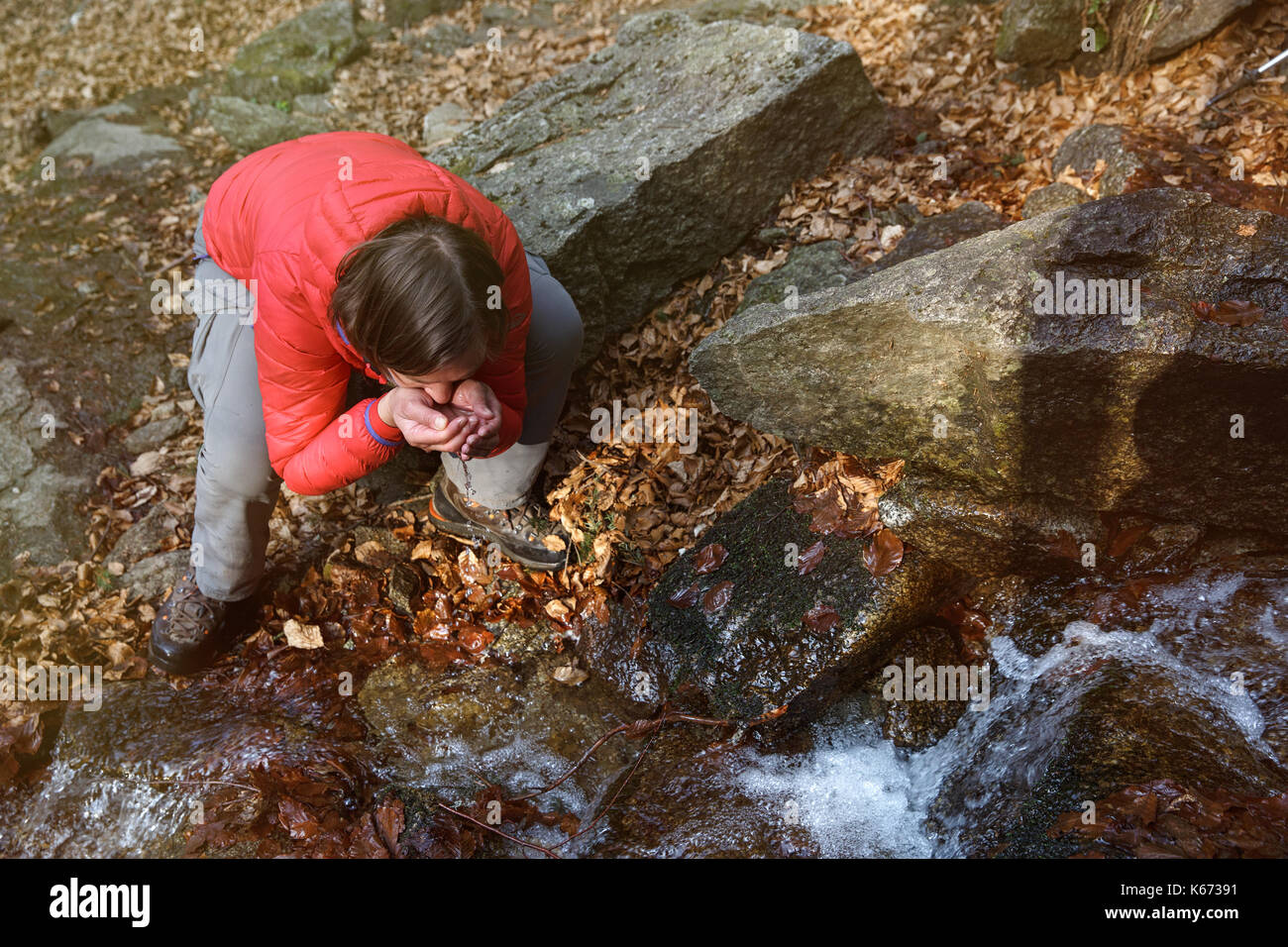 Thirsty hiker drinking water from a crystal clear stream in the ...