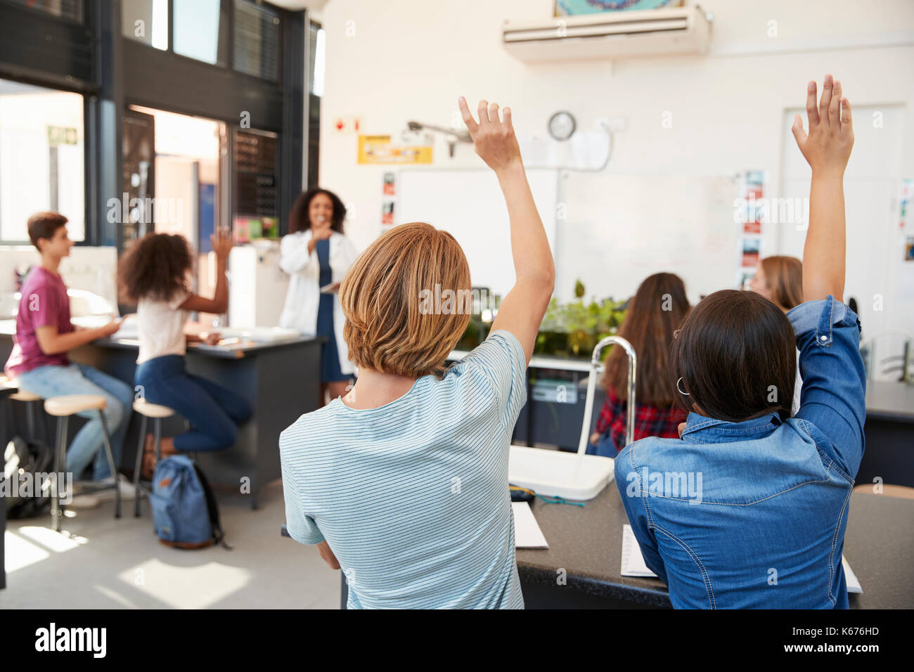 Kids raising hands classroom back view hi-res stock photography and ...