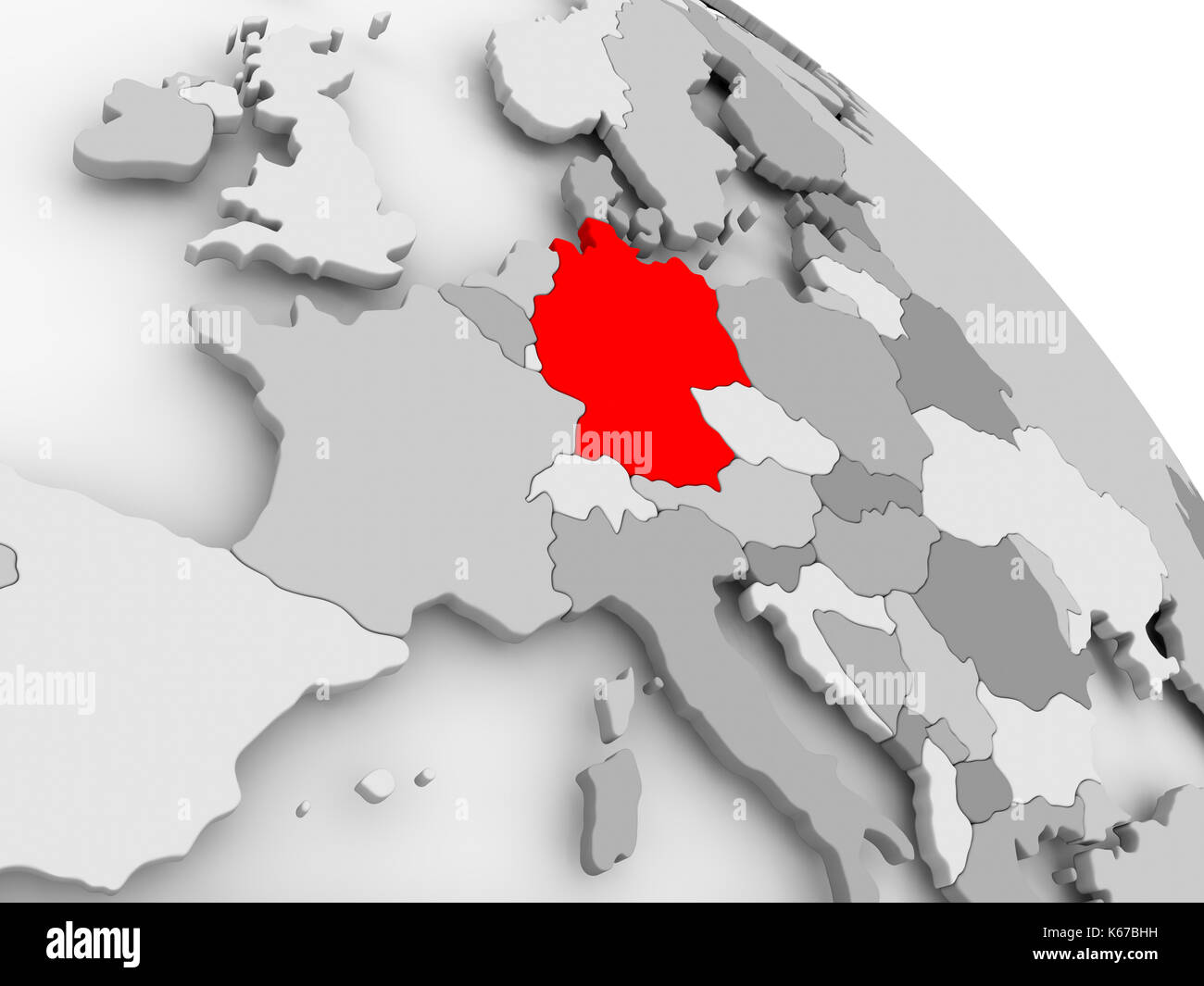 3D render of Germany in red on grey political globe. 3D illustration ...
