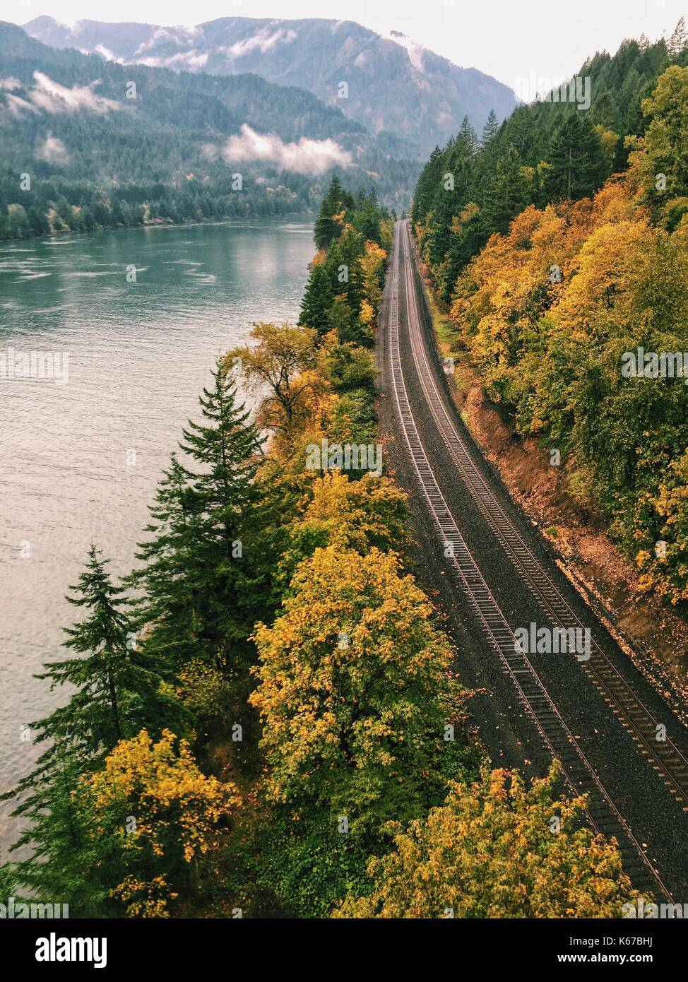 Train Tracks along the Columbia River Gorge between Washington and ...
