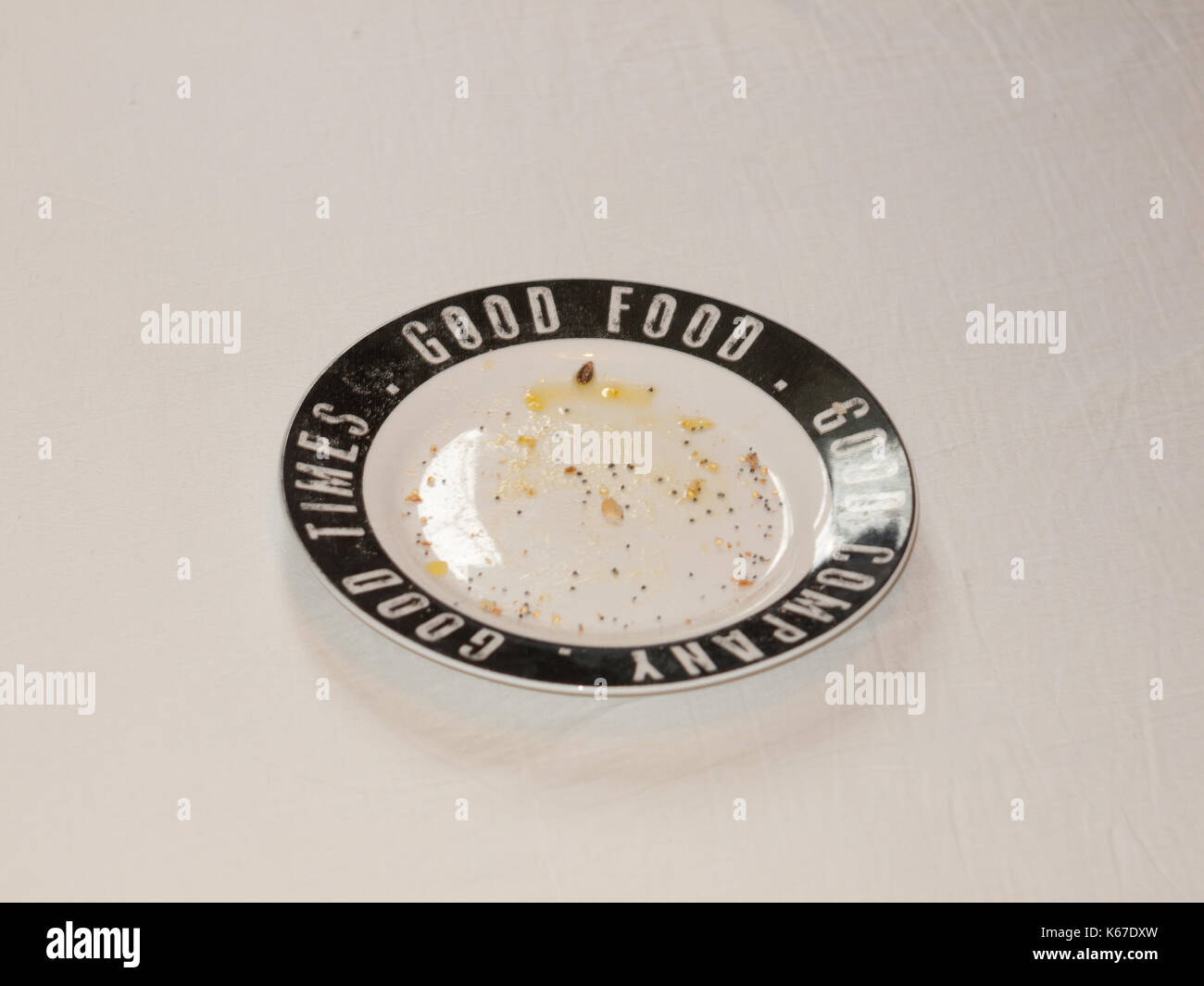 a small plate dirty and unclean with crumbs white background; England ...