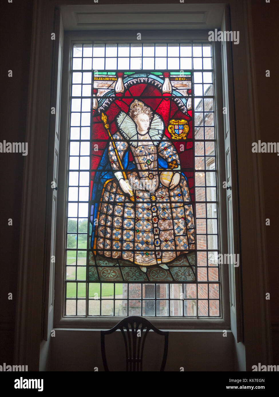 england queen stained glass window from inside of the house; England ...