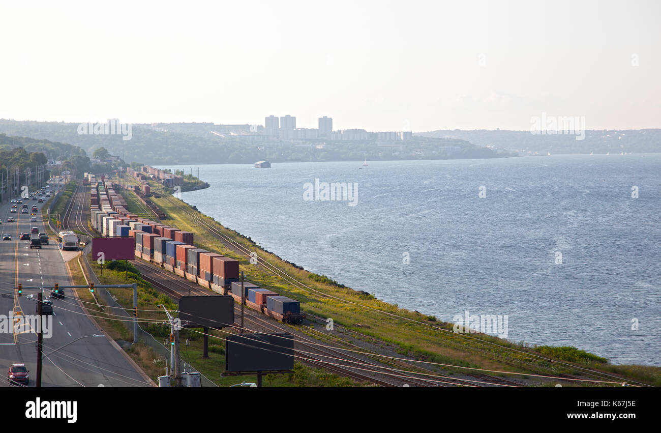 view of Halifax Harbor and Bedford Basin with train and traffic Stock ...
