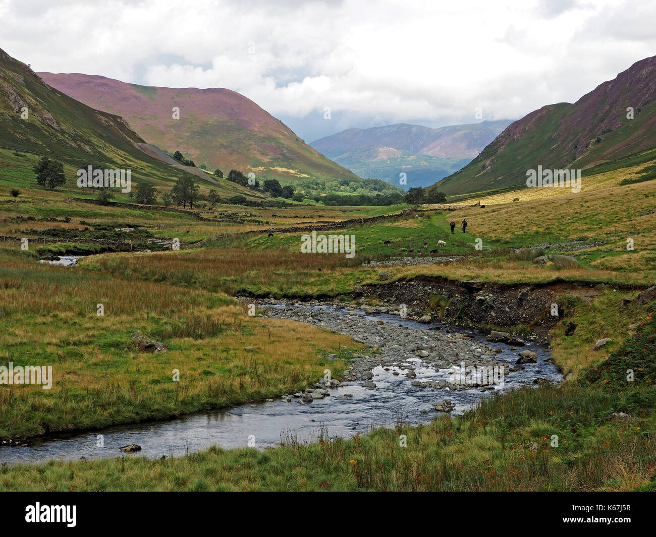 river winding down the Newlands Valley with Lakeland fells beyond in ...