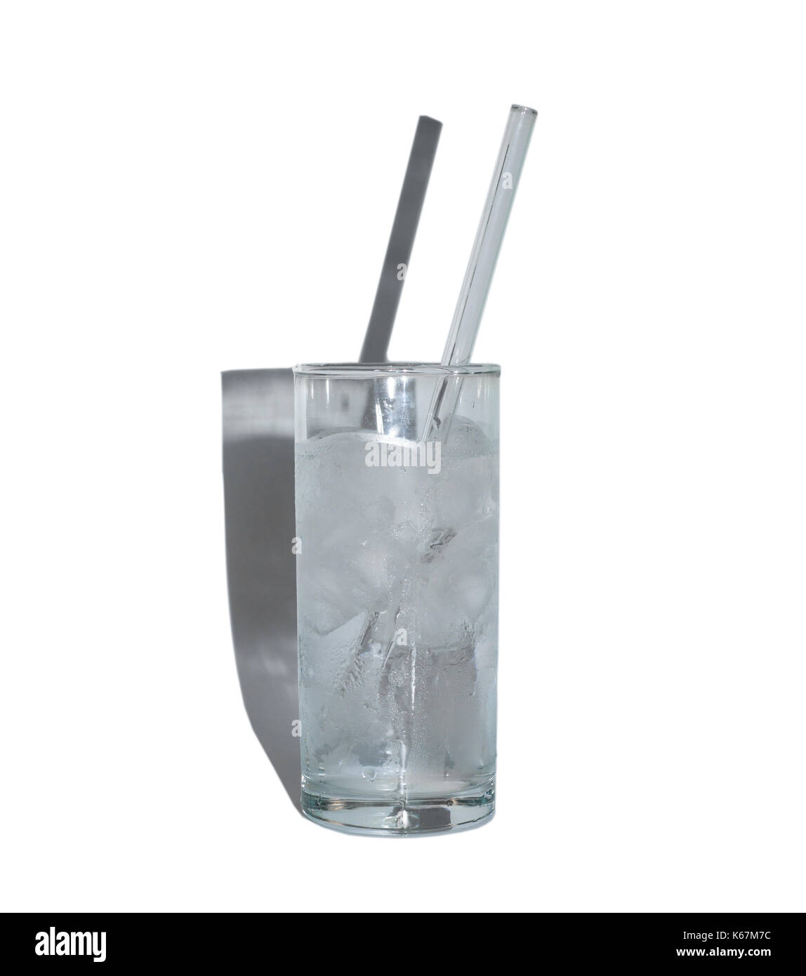 isolated glass of pure water with glass drinking straw and ice. object ...
