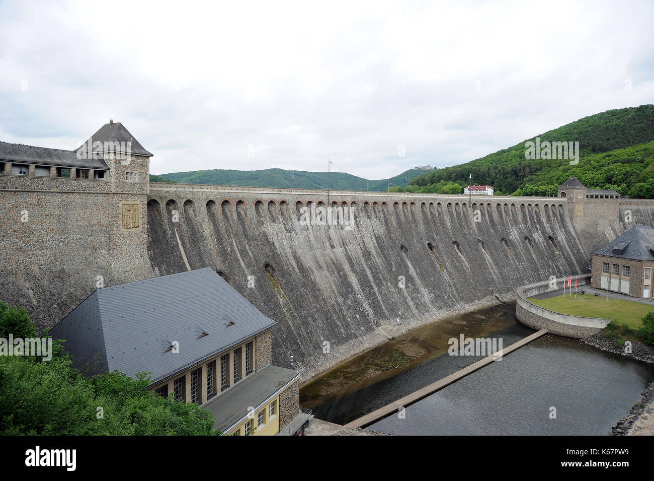 The Eder Dam viewed from the South shore. Below the dam on the left is ...