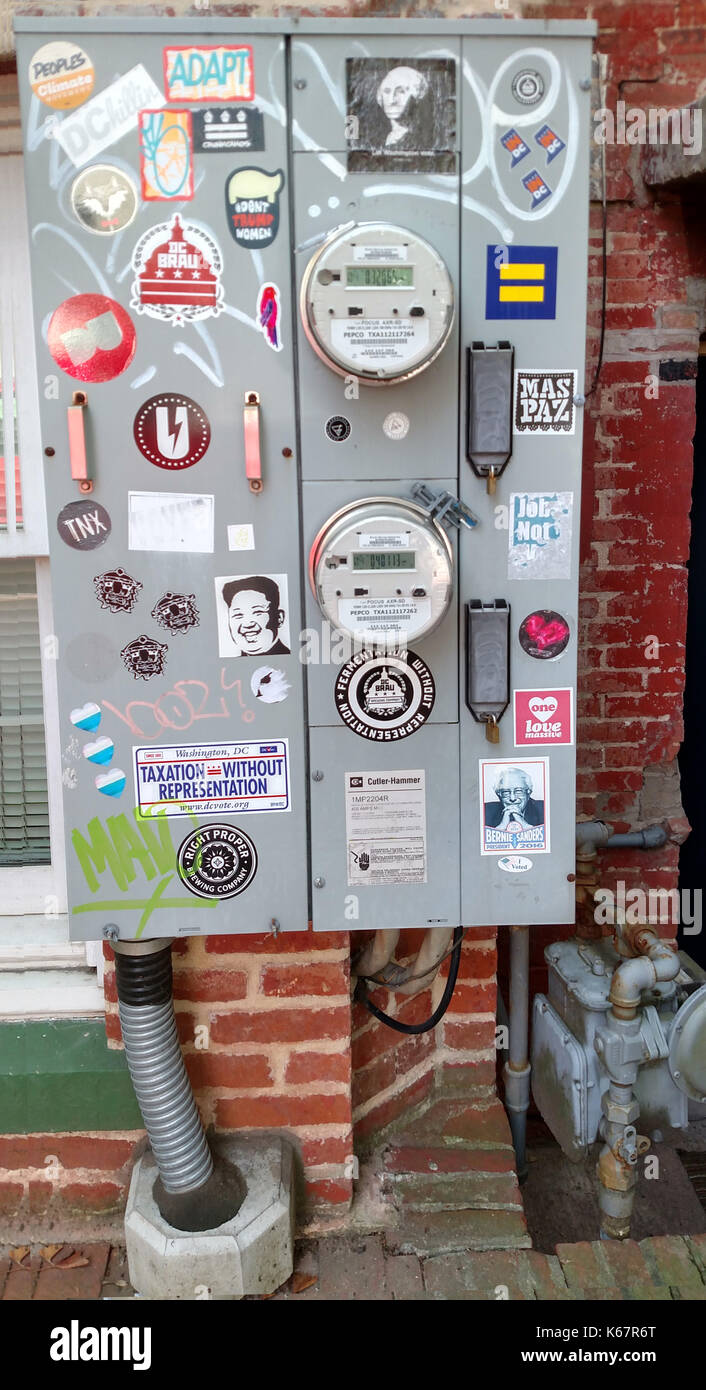 Political stickers adorn an electric meter in Washington, DC Stock ...