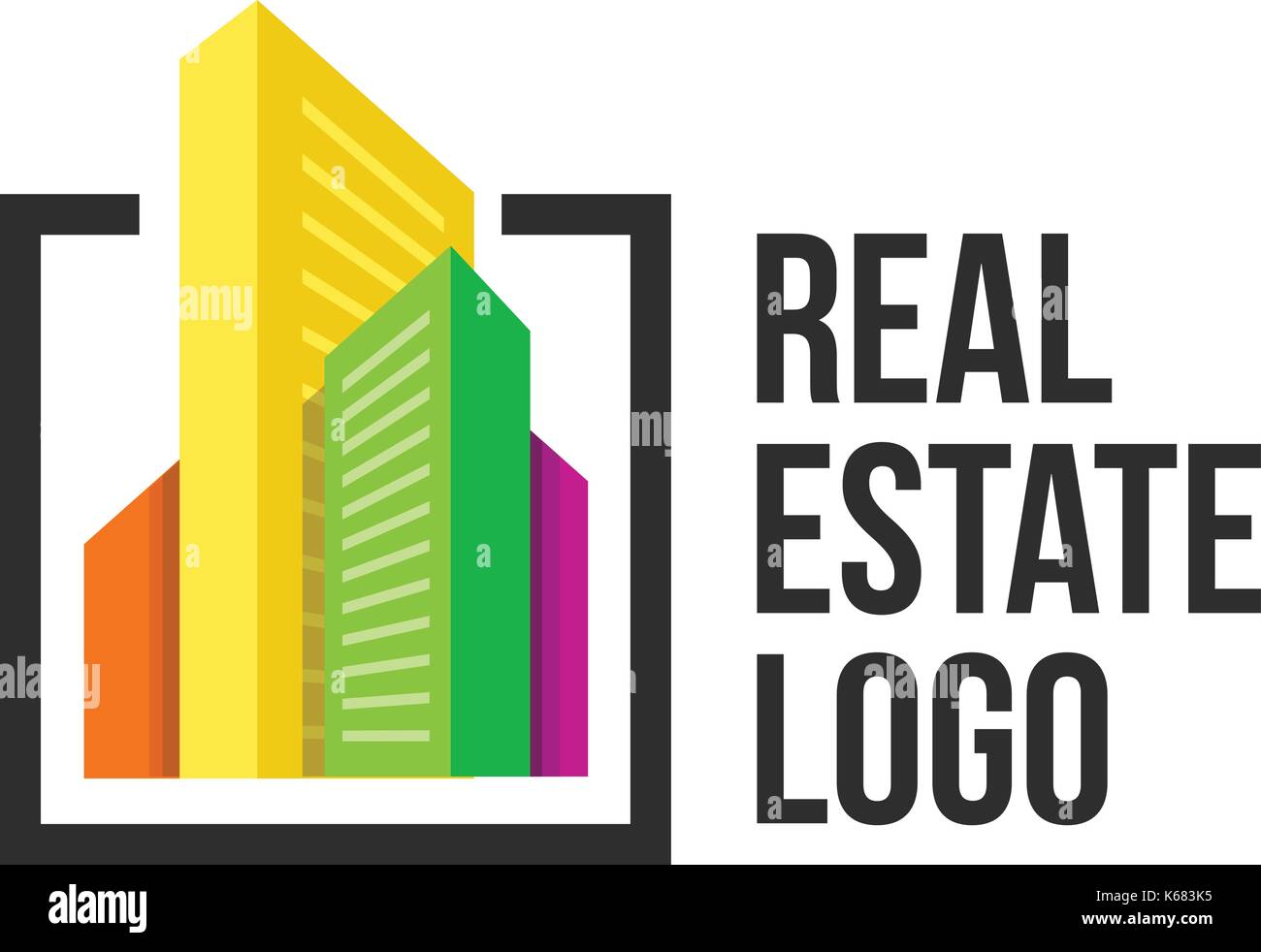 Colorful cityscape logo set in black frame. New buildings logotype ...