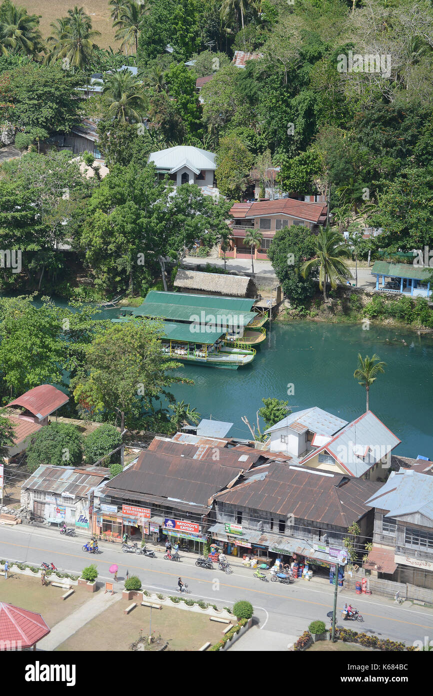 BOHOL, PHILIPPINES - APRIL 5, 2016: Aerial view of town on Bohol Island ...