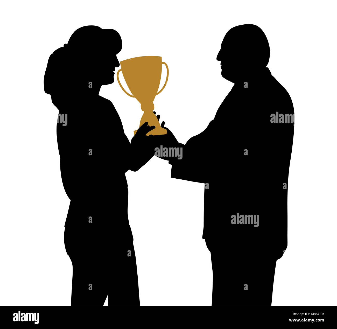 Female winner receiving the trophy from president director or sponsor ...