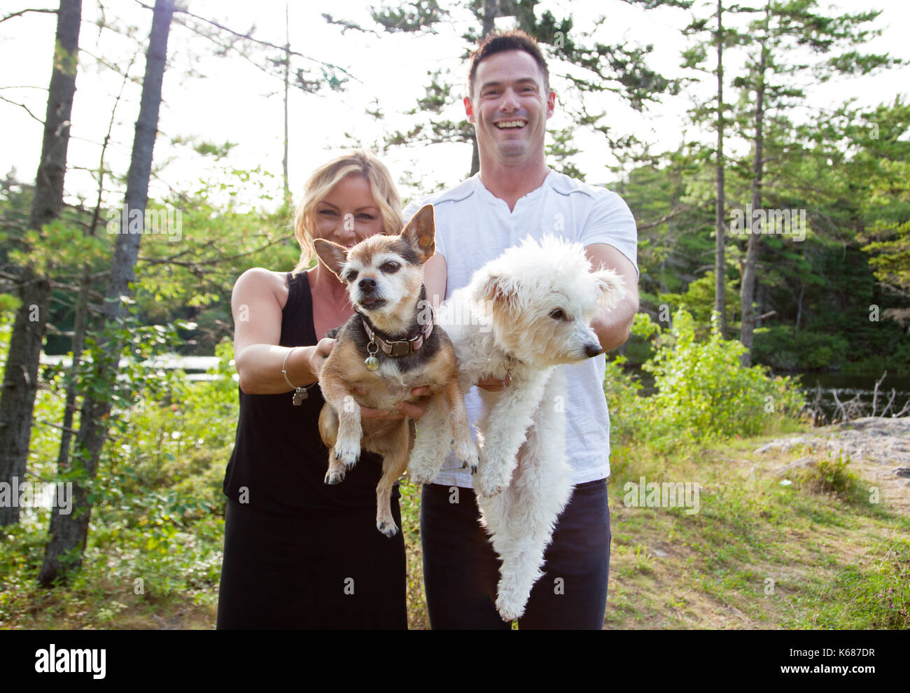 man and woman hold their pet dogs out in front of them, laughing Stock ...