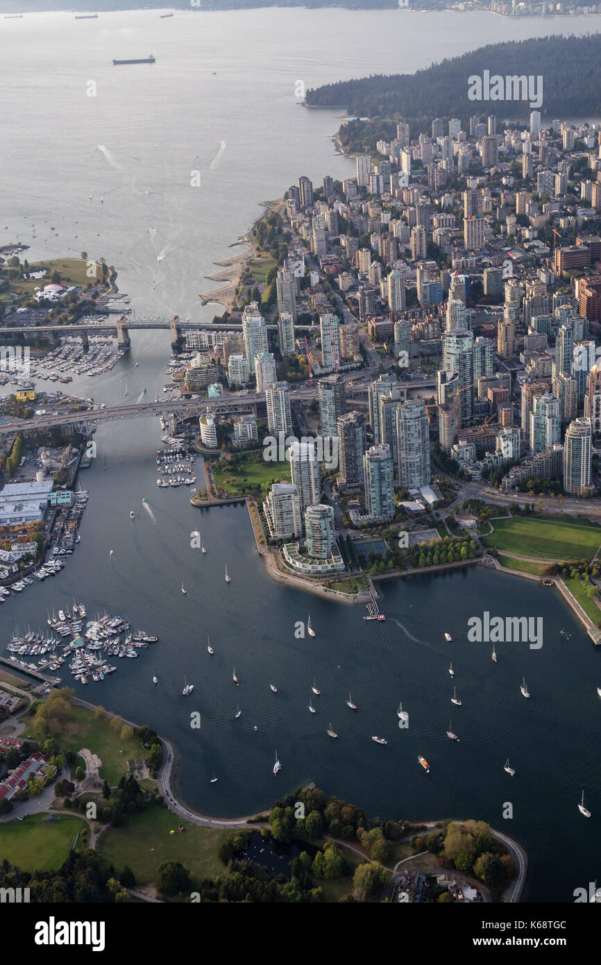 Aerial city view of Downtown Vancouver, Burrard Bridge, and False Creek ...