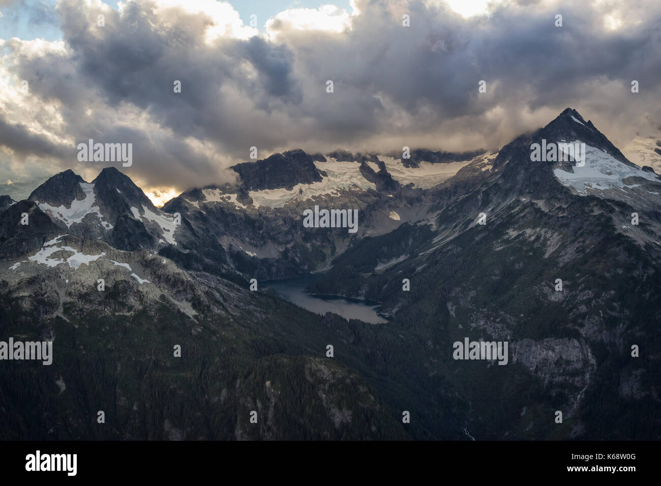 Aerial landscape view of Mount Tantalus and a Glacier Lake. Picture ...